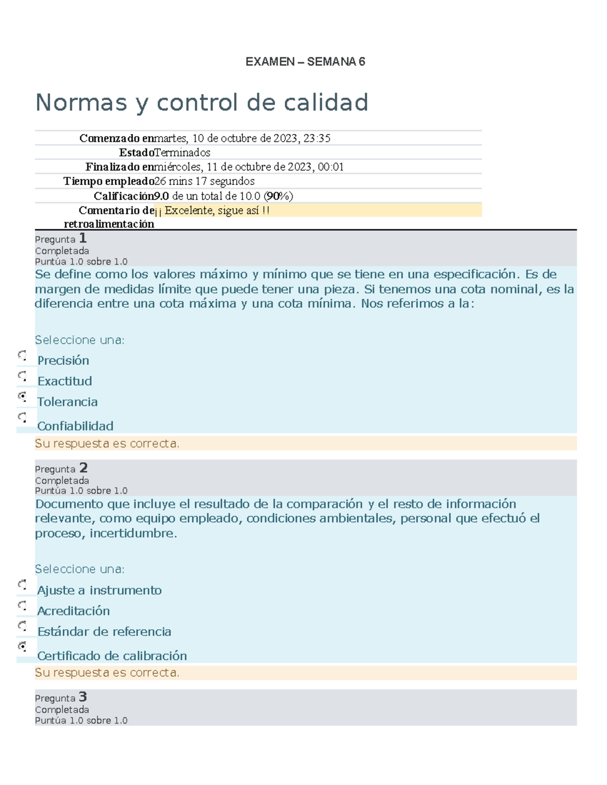 Examen - Semana 6: Normas y Control de Calidad - Studocu