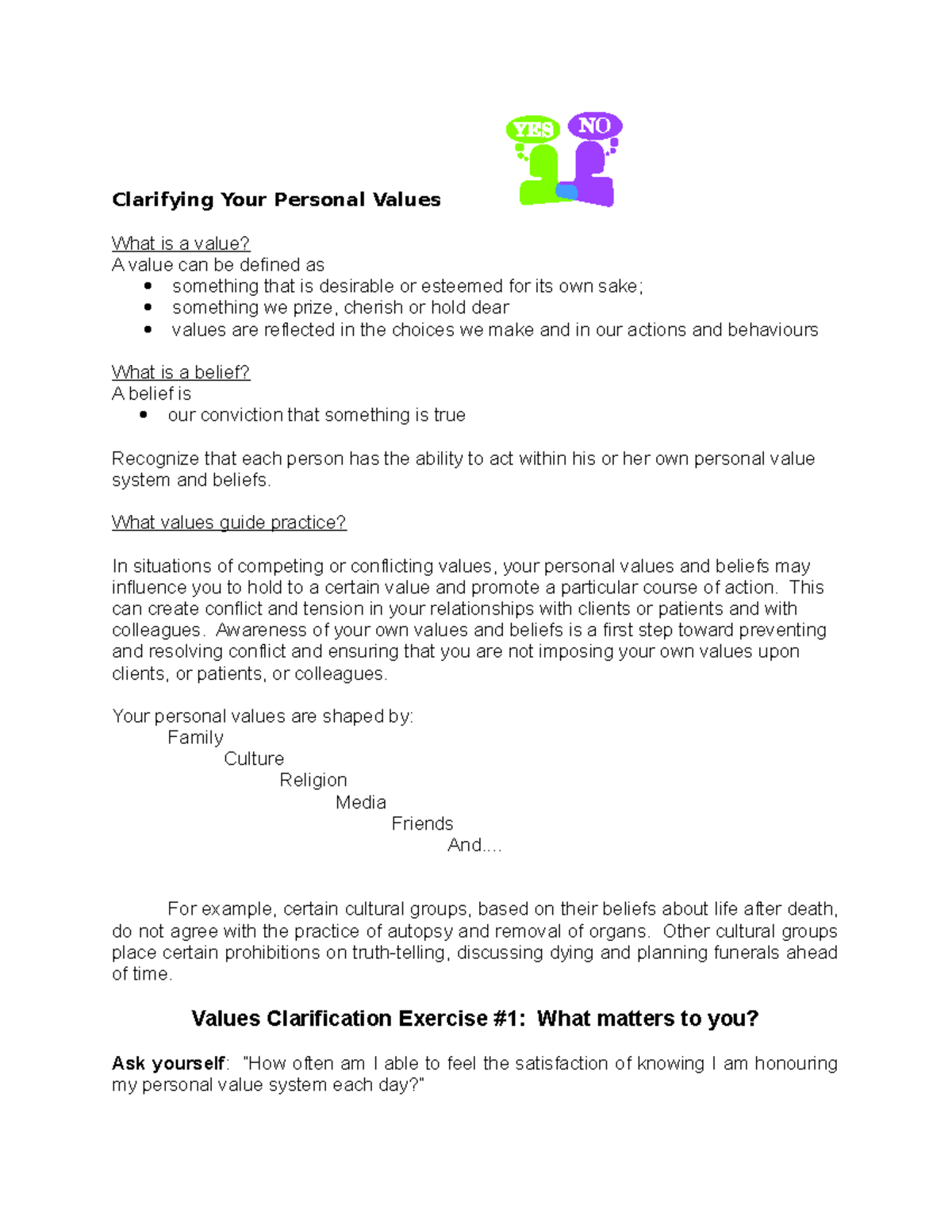 Exercise 1 Clarification of Personal Values - Clarifying Your Personal ...
