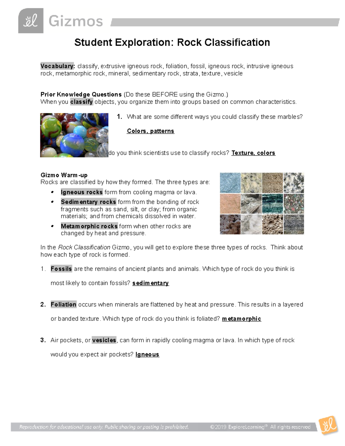 Rock Classification SE - Gizmo Lab Exploration Guide - Studocu