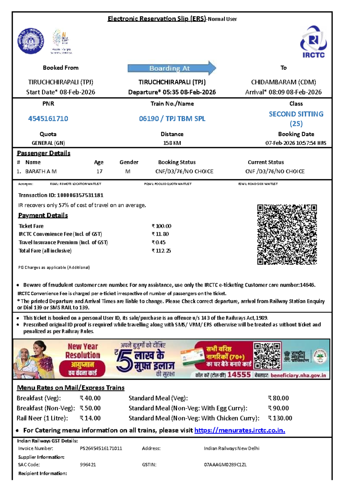 Electronic Reservation Slip for Train TPJ to CDM - 8th Feb 2026 - Studocu