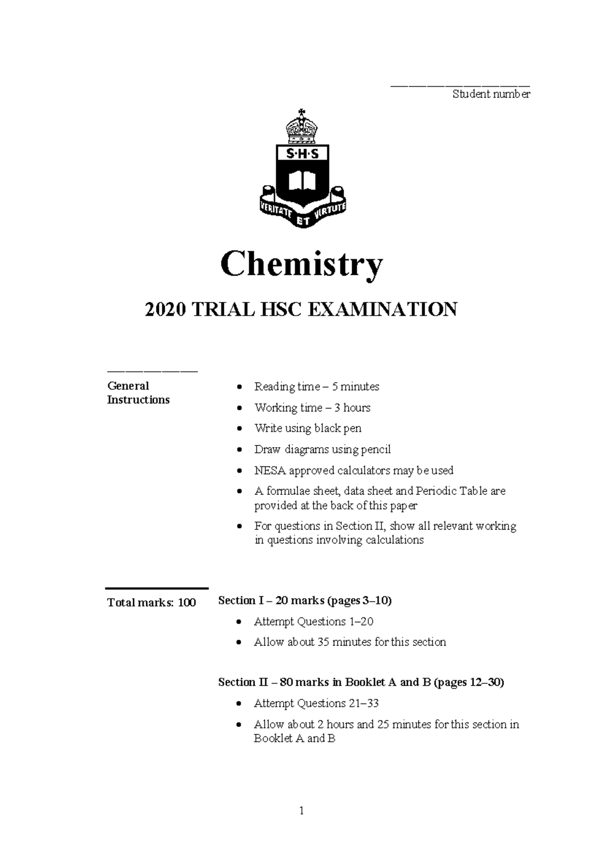 SBHS Chemistry 2020 Trial HSC Exam Instructions and Questions - Studocu