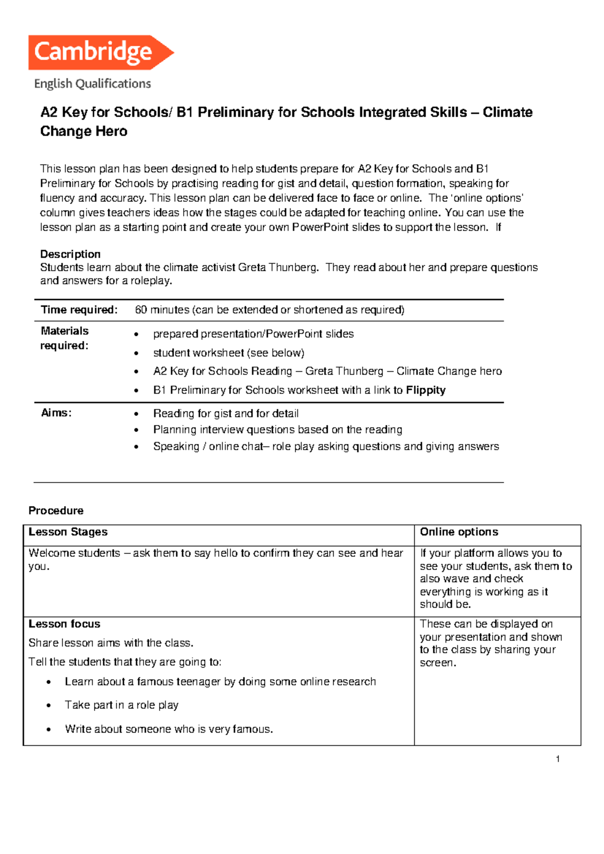 A2 Key for Schools/B1 Preliminary Lesson Plan: Climate Hero Greta ...