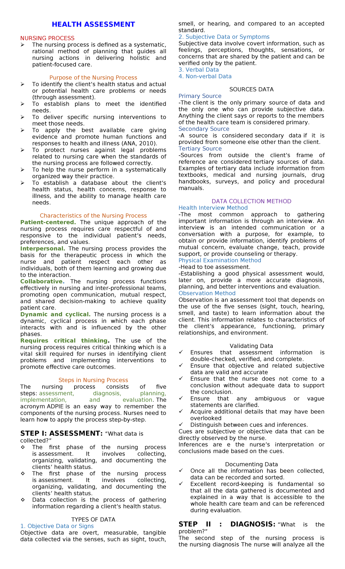 L1 WEEK 1 Health Assessment: Understanding the Nursing Process - Studocu