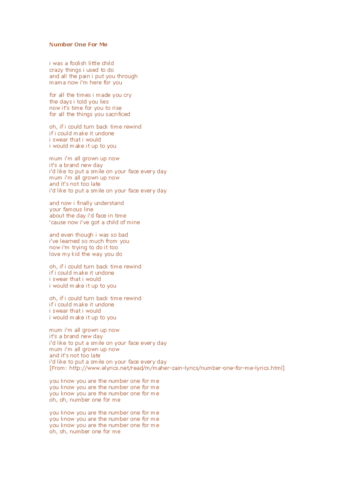 Lyrics Fill-in Activity: "Number One For Me" by Maher Zain - Studocu