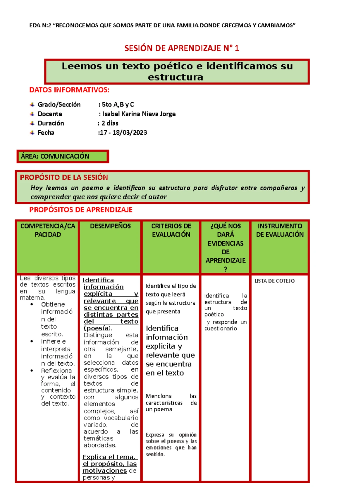 Sesion DE Aprendizaje escribimos acrostico - TITULO Escribimos un acróstico al maestro peruano ...