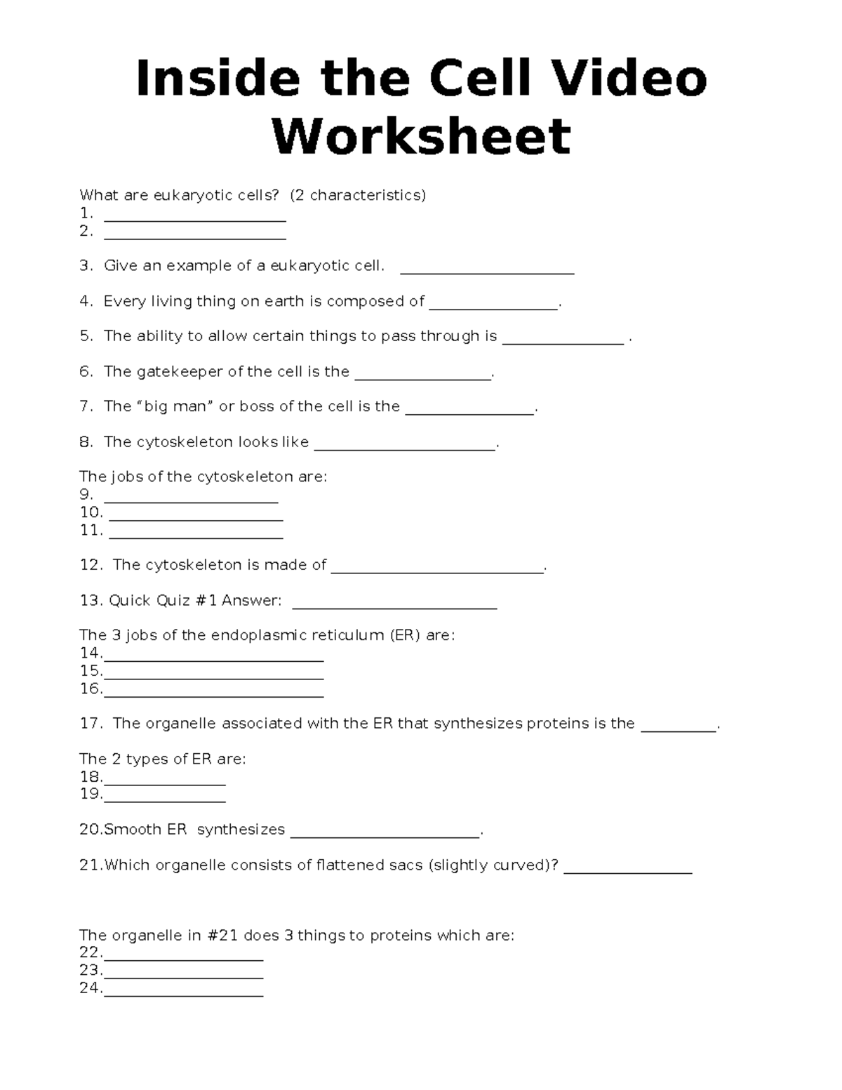 Inside the Cell Video Worksheet: Eukaryotic Cells & Organelles Overview ...
