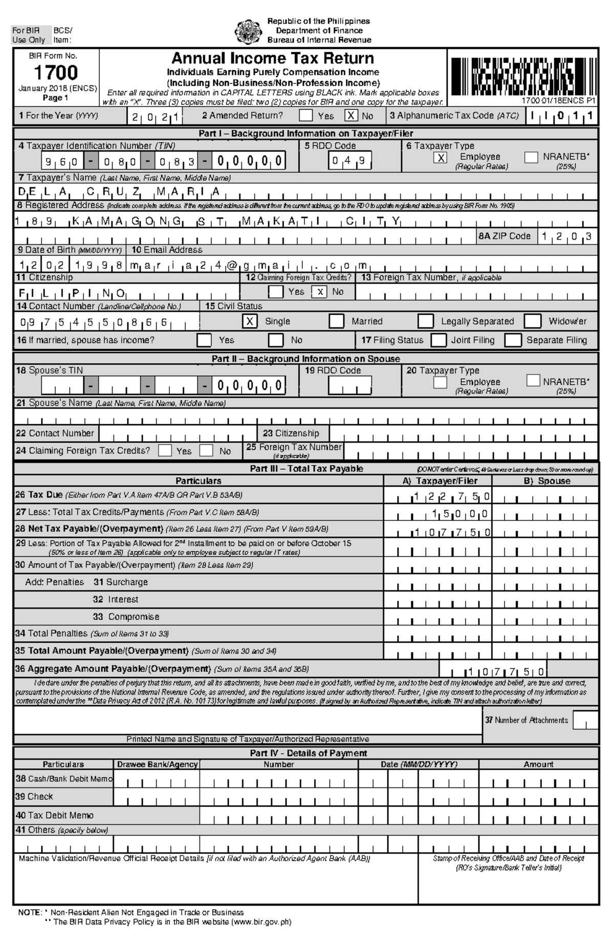 1700 01/18 ENCS - Sample Annual Income Tax Return for Individuals - Studocu