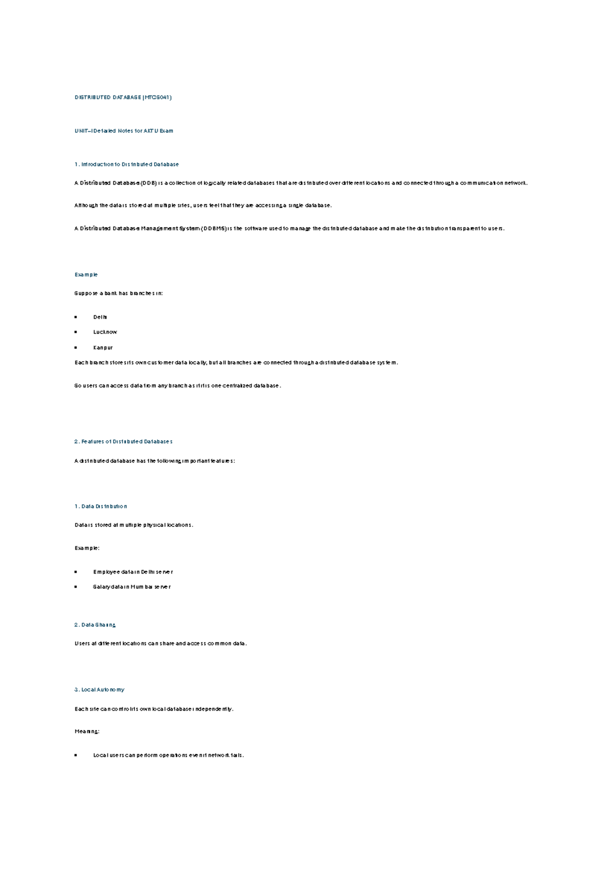 Distributed Database (MTCS041) Comprehensive Notes for AKTU Exam - Studocu