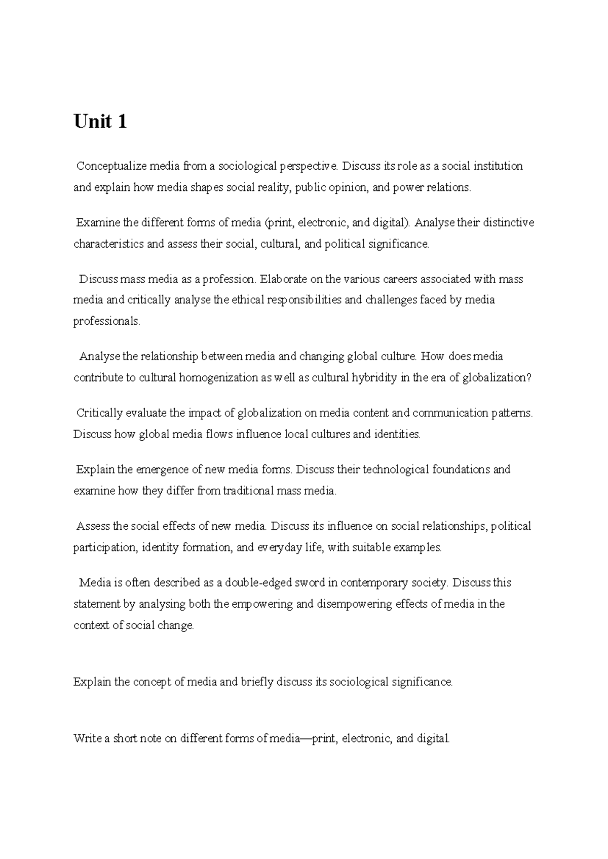 Unit 1 Media's Role in Society: A Sociological Perspective on ...