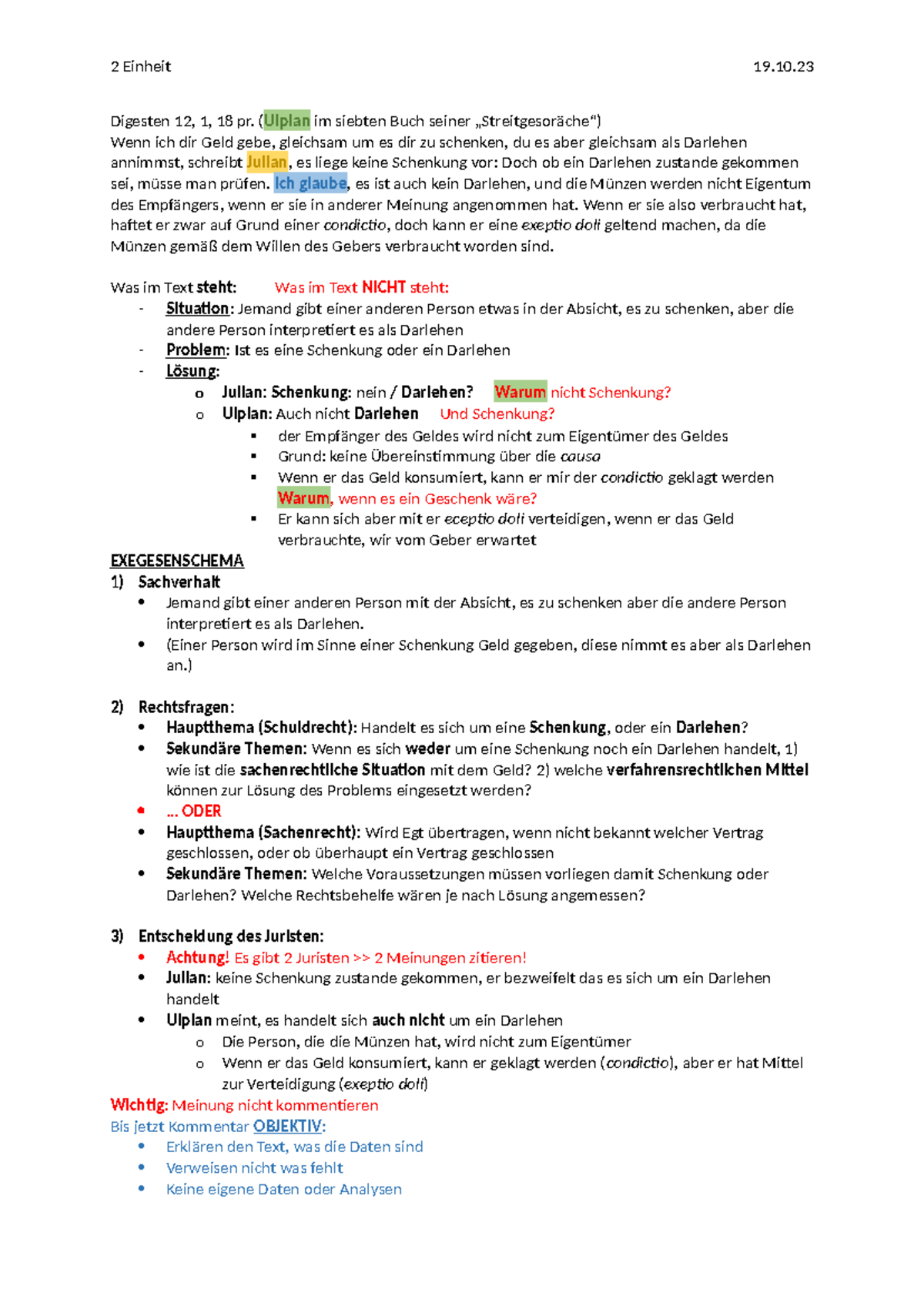 Einheit 2 19 - 2 Einheit 19. Digesten 12, 1, 18 pr. (Ulpian im siebten ...
