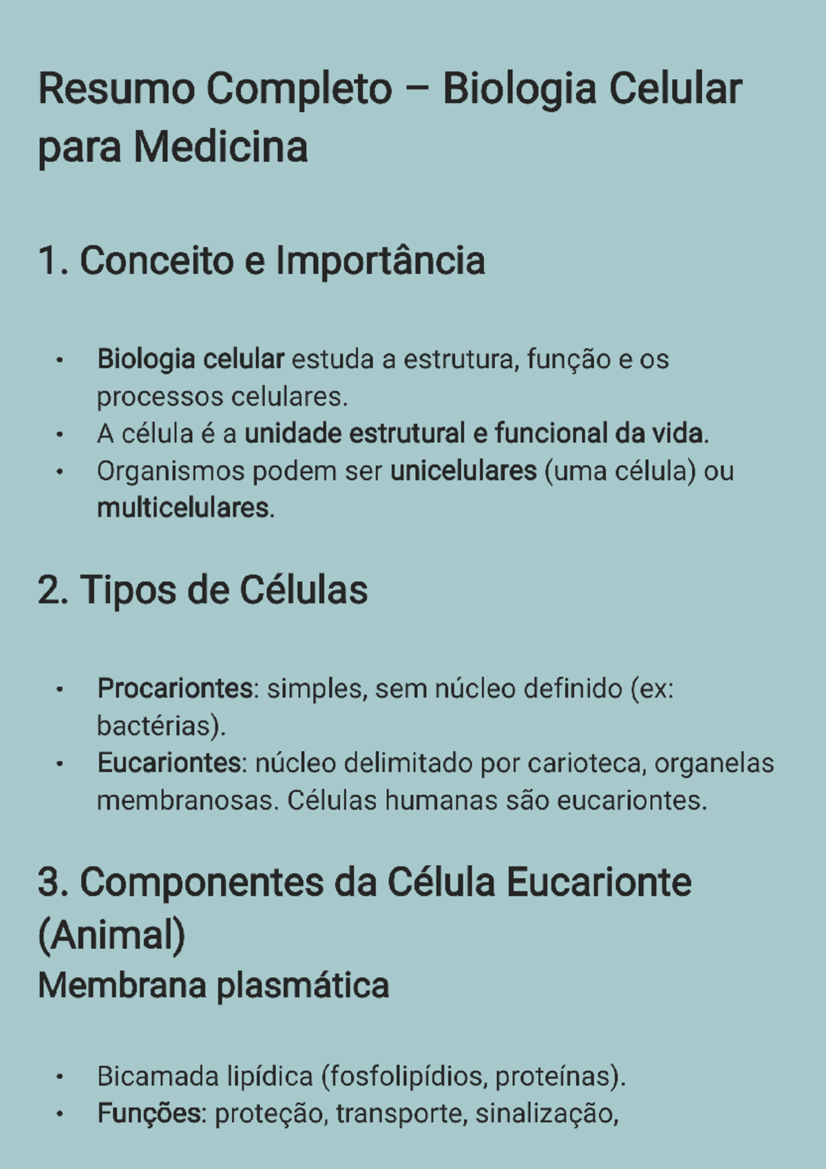 Resumo Completo de Biologia Celular para Medicina 250411 - Studocu