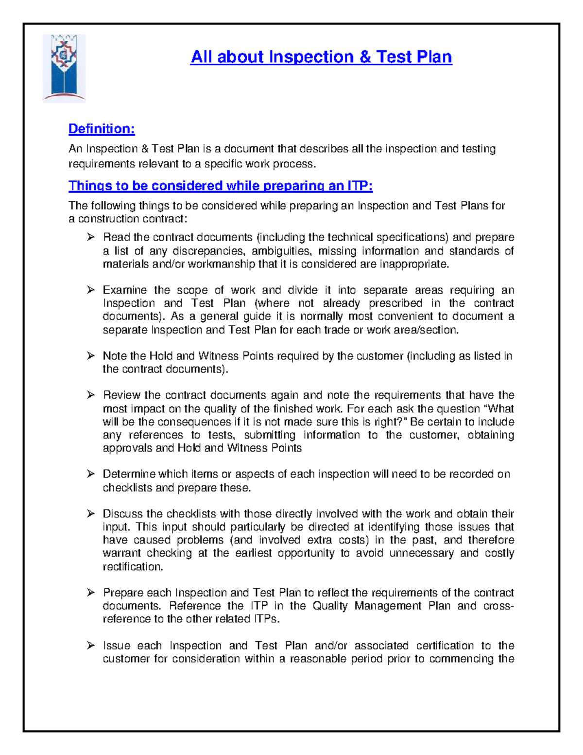 Inspection Test Plan (ITP) Template for Construction Contracts - Studocu