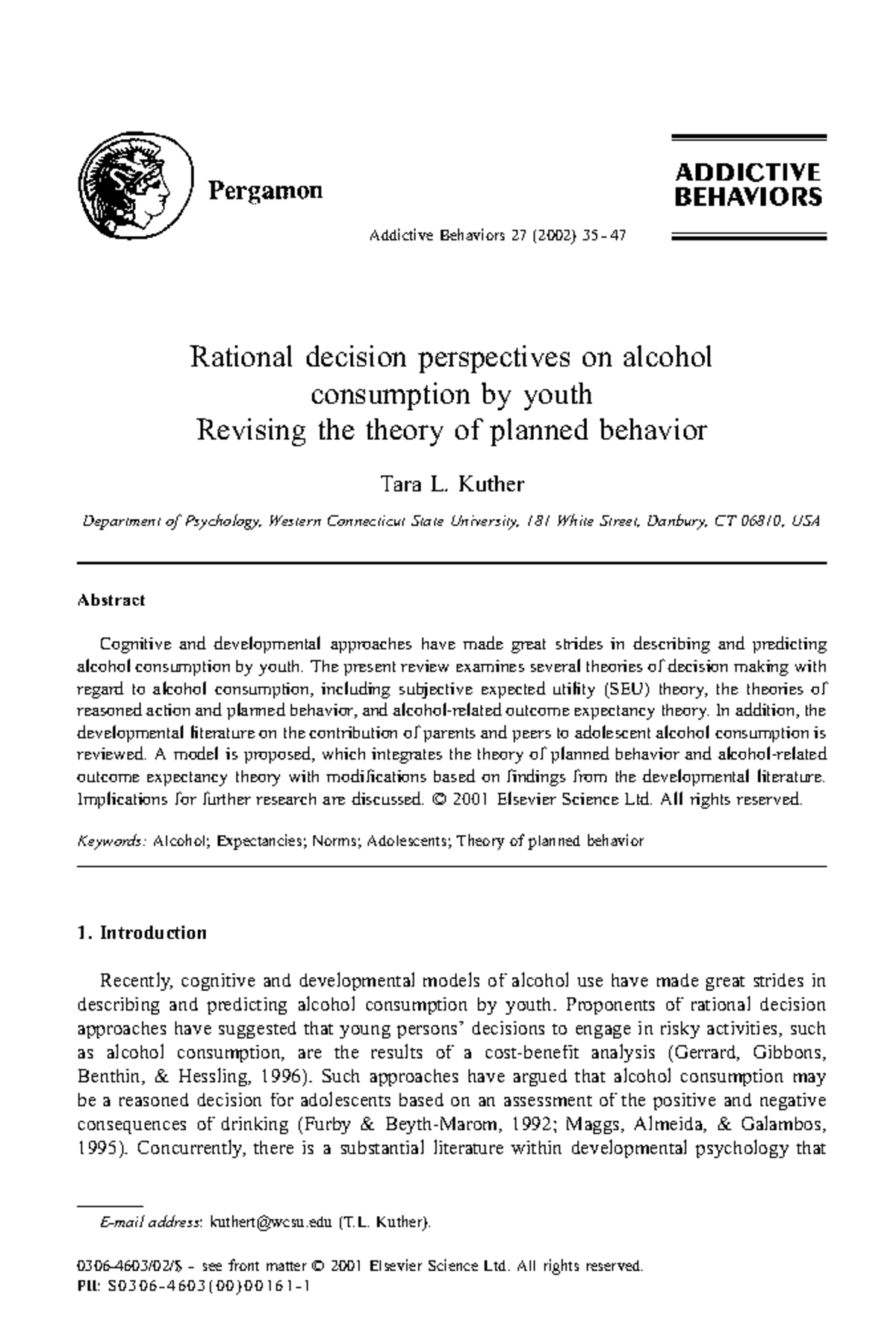 Kuther 2002 - Rational Decision-Making and Alcohol Use in Youth - Studocu