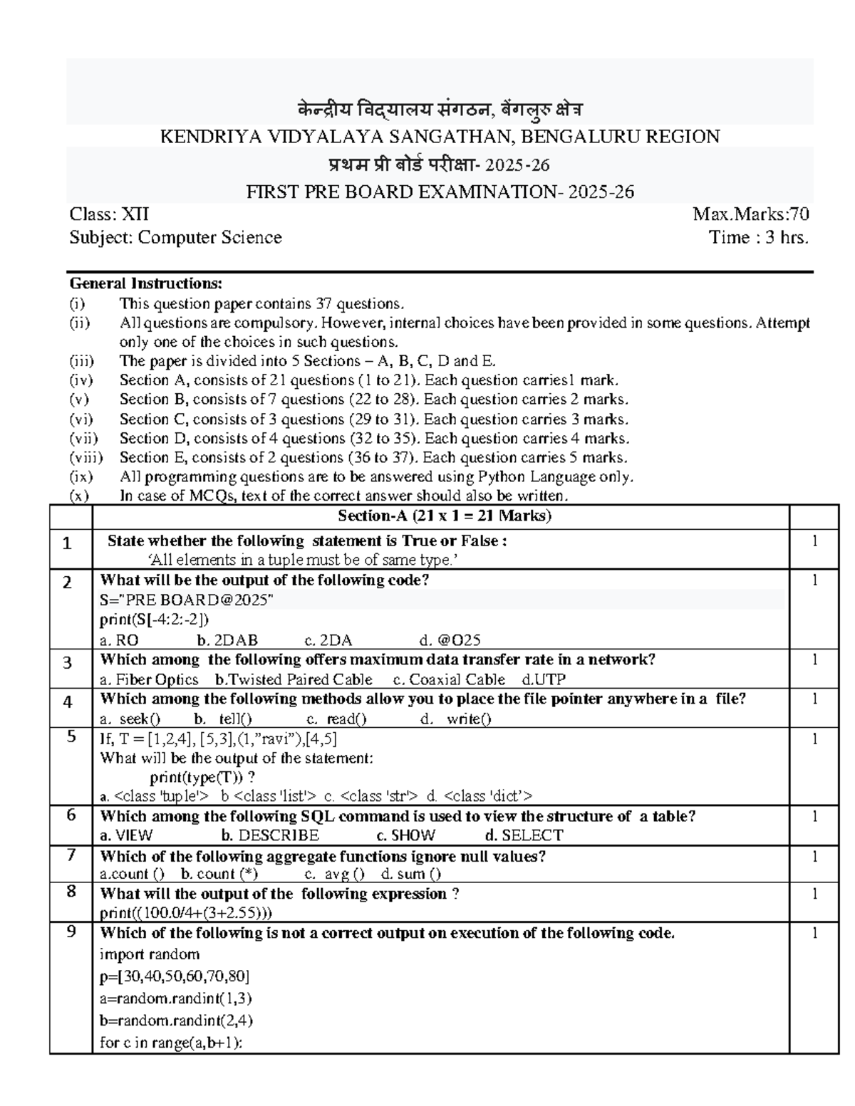 KVS Bengaluru Region Class XII Computer Science Pre Board 2025 QP - Studocu
