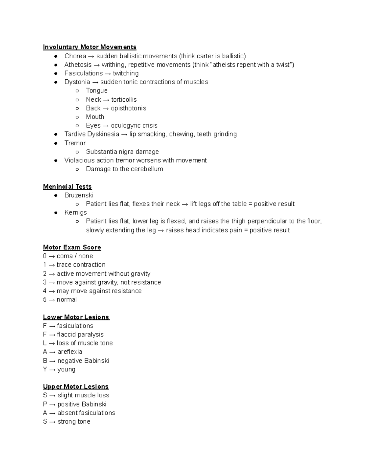 Neurology Exam 1 Study Notes: Key Concepts and Motor Movement Disorders ...