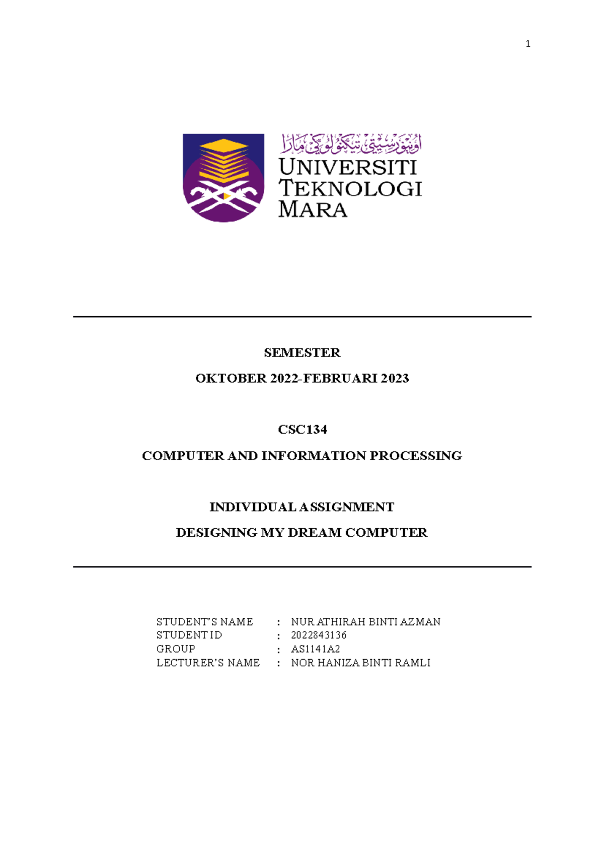 Individual Assignment_CSC134 - SEMESTER OKTOBER 2022-FEBRUARI 2023 CSC ...