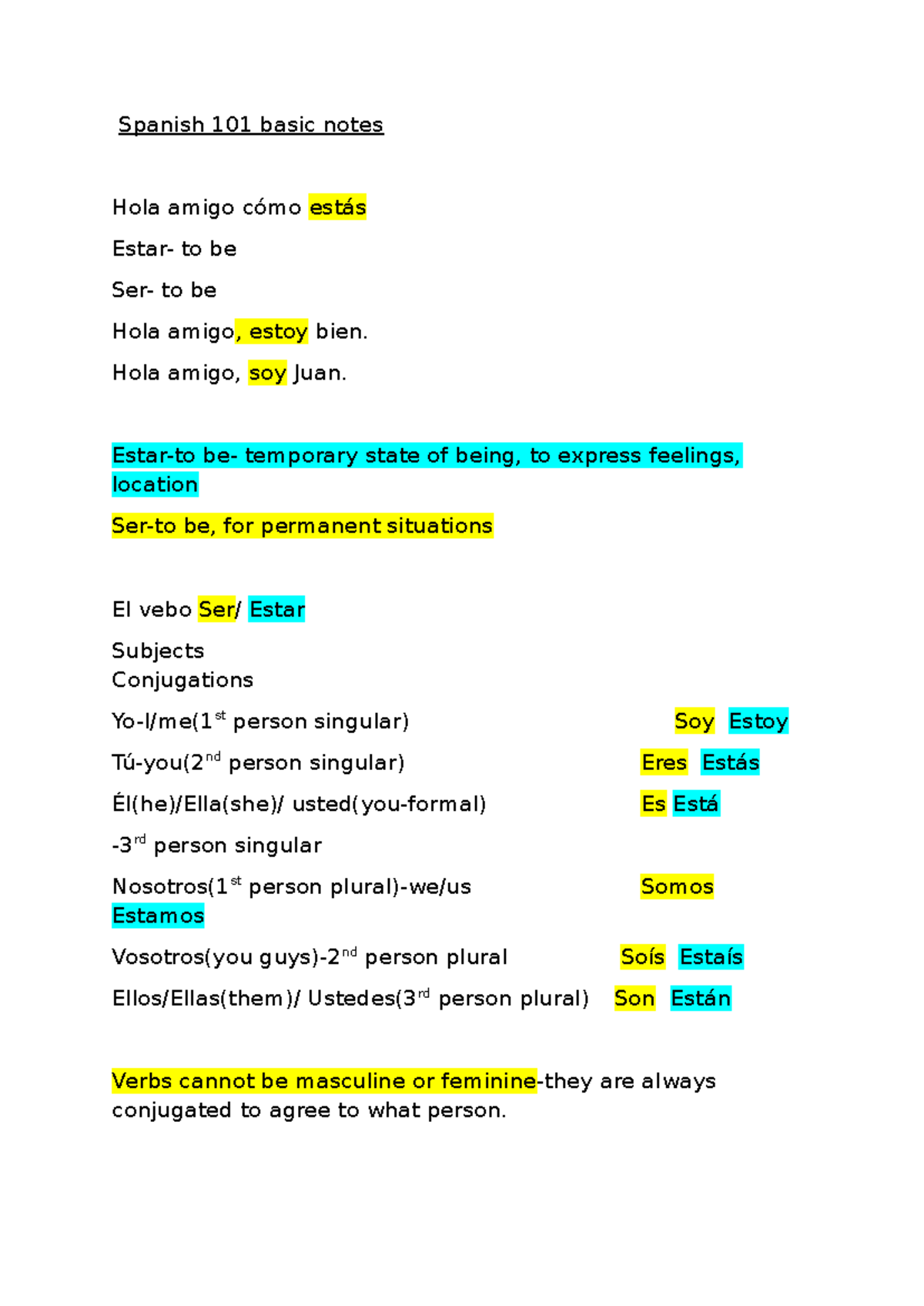 Spanish 101 Lesson 1 Notes: Basics of Ser and Estar Conjugation - Studocu
