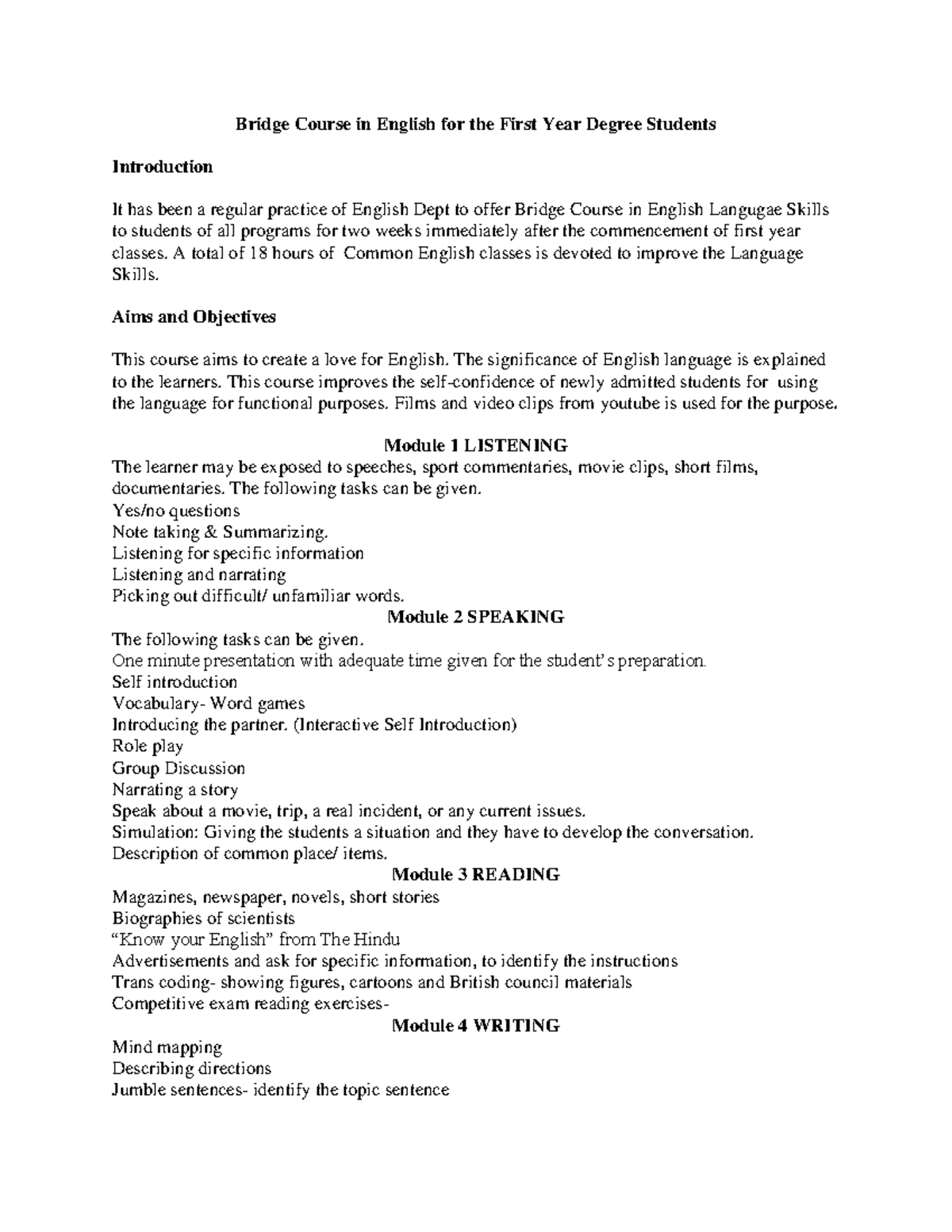 Bridge Course in English for First Year Degree Students (ENG101) - Studocu