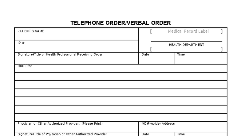 TELEPHONE ORDER VERBAL INSTRUCTIONS - HEALTH DEPT - Studocu