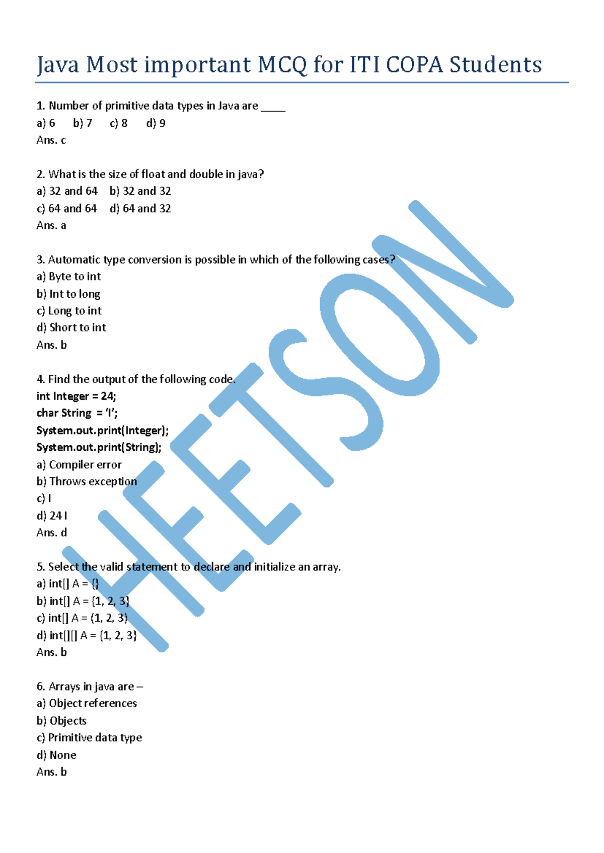 ITI COPA Java MCQ - Most Important Questions and Answers for Exam Prep ...