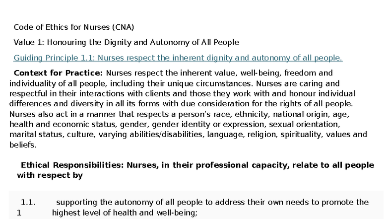 CNA Code of Ethics for Nurses: Honoring Dignity & Autonomy - Studocu
