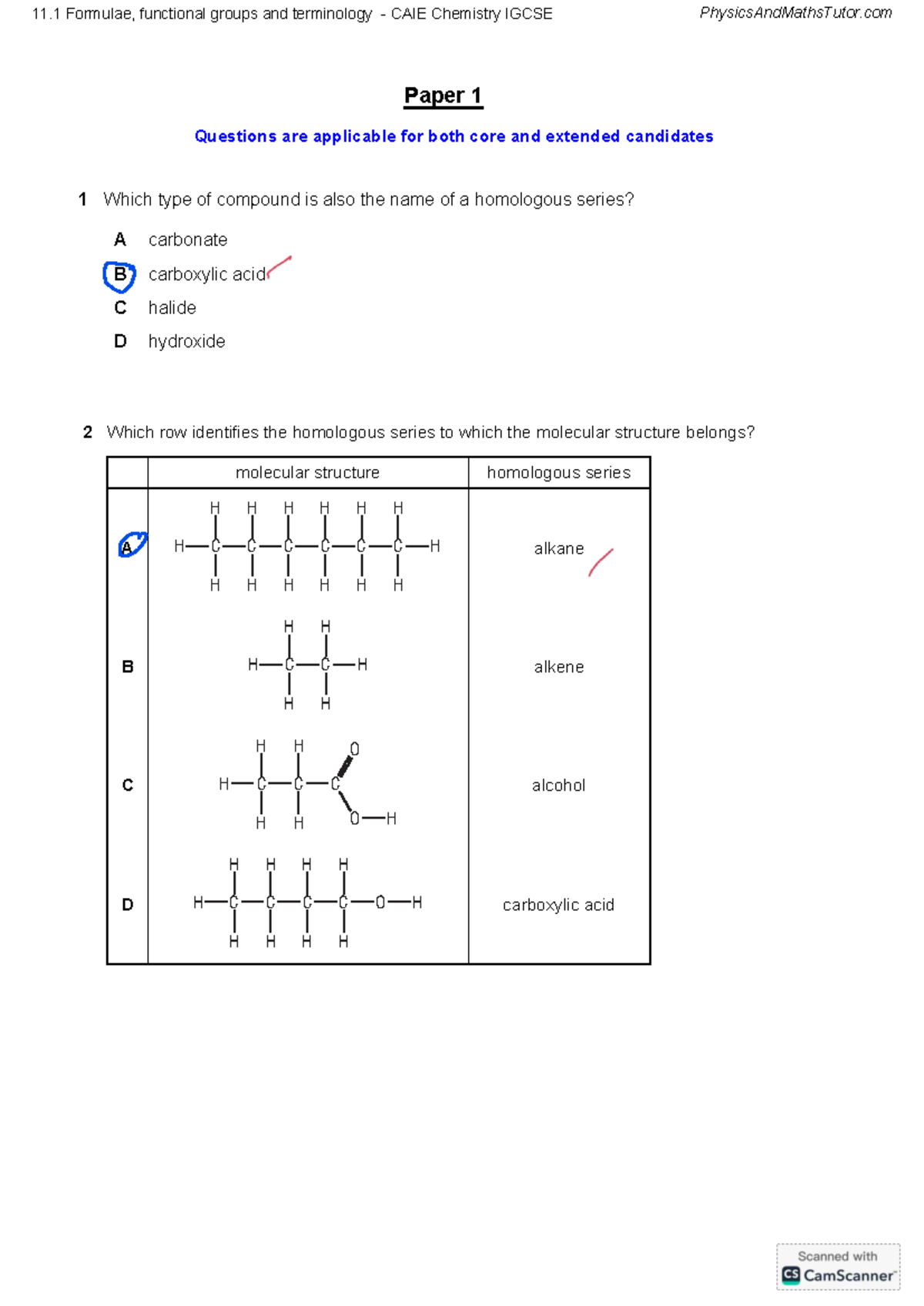 11.1 Formulae, Functional Groups & Terminology MCQ QP - CAIE Chemistry ...