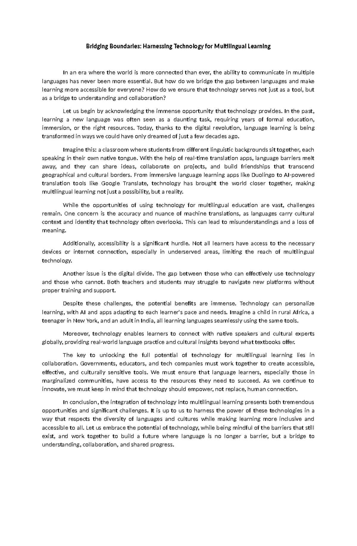 ENG 101 Oratorical Piece: Bridging Technology and Multilingual Learning ...
