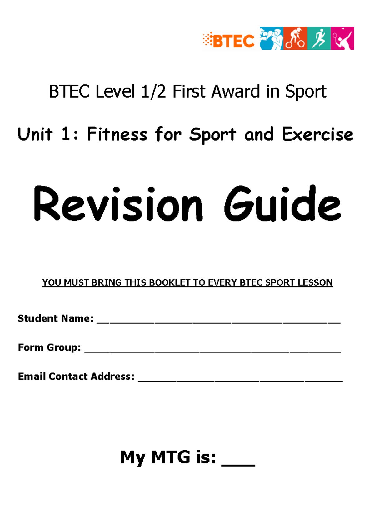 BTEC Sport Unit 1 Revision Guide: Fitness for Sport & Exercise - Studocu