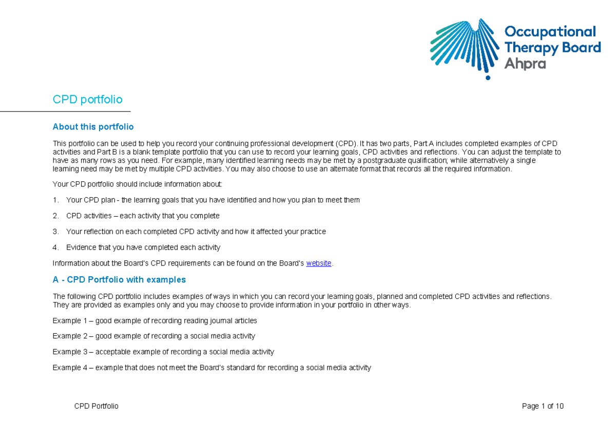 CPD Portfolio Template for Occupational Therapy Board (OT 101) - Studocu
