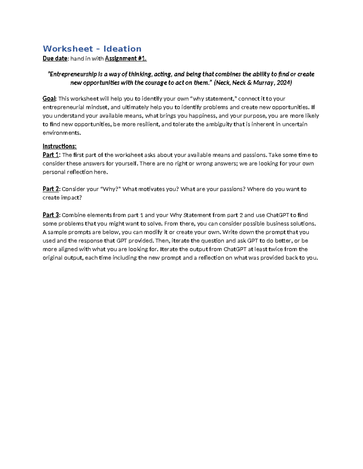 Worksheet - Ideation with GPT - Copy - Worksheet – Ideation Due date ...