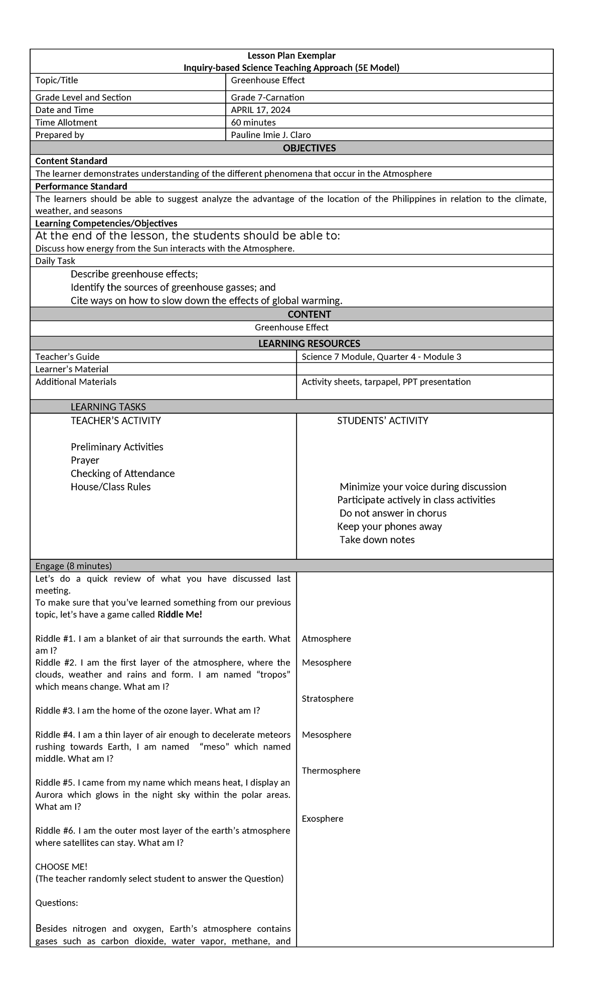 Science 7 Lesson Plan: Understanding the Greenhouse Effect (5E Model ...