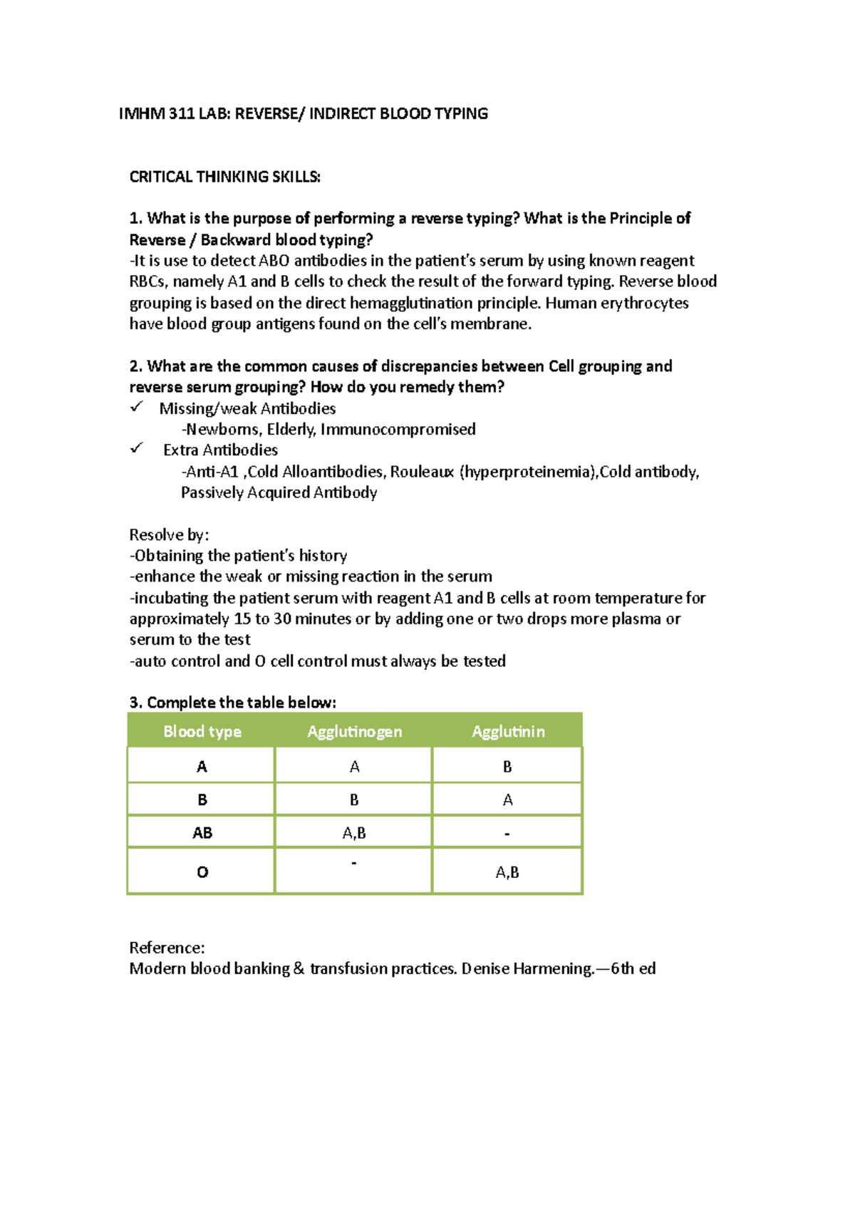 Reverse / Backward blood typing - IMHM 311 LAB: REVERSE/ INDIRECT BLOOD ...