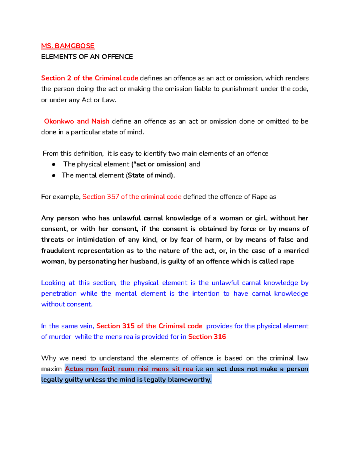 MS. BAMGBOSE: Understanding the 3 Elements of an Offence - Studocu