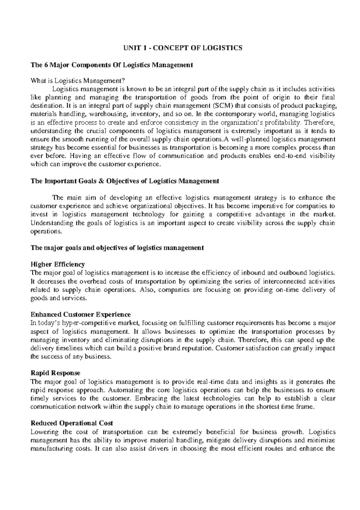 1 UNIT - Module 1 Concept of Logistics notes - UNIT 1 - CONCEPT OF ...