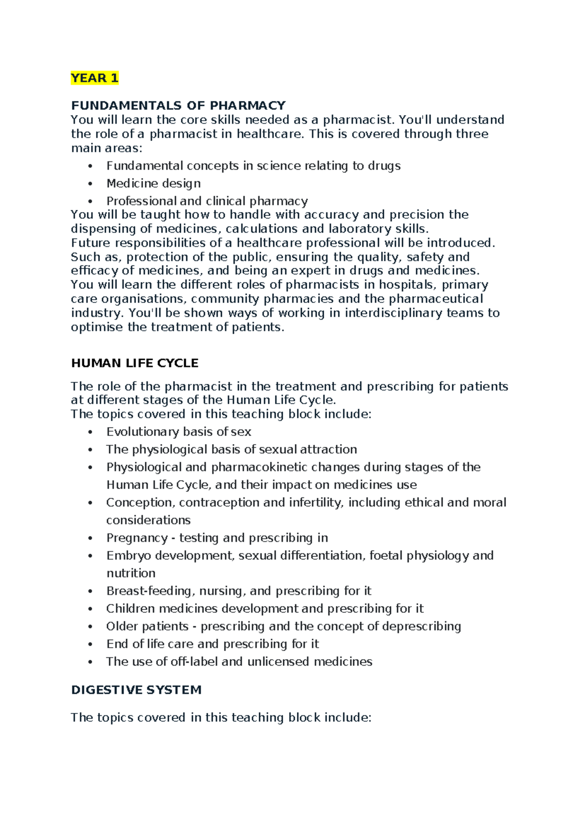 YEAR 1 PHARMACY: CORE SKILLS & HUMAN LIFE CYCLE - Studocu