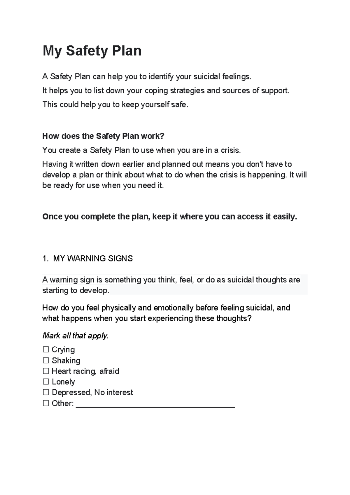 Safety Plan: Coping Strategies & Support for Crisis Management - Studocu