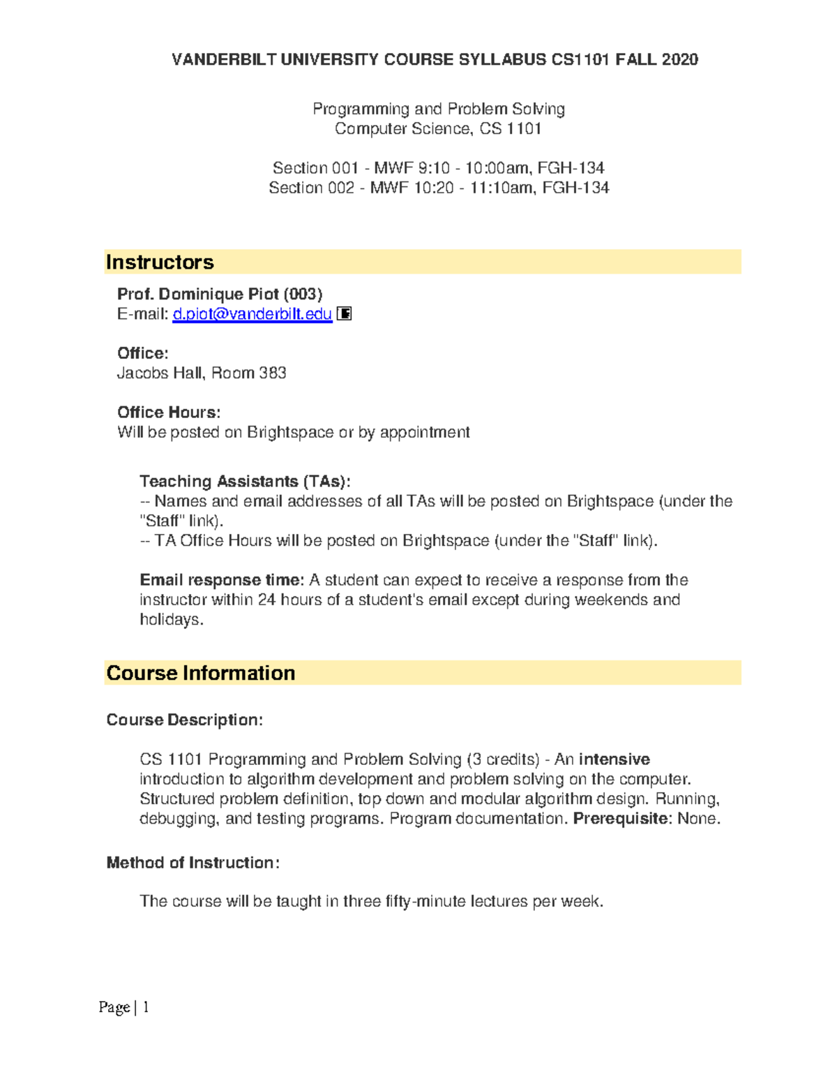 CS1101 Fall 2020 Syllabus: Programming & Problem Solving at Vanderbilt ...