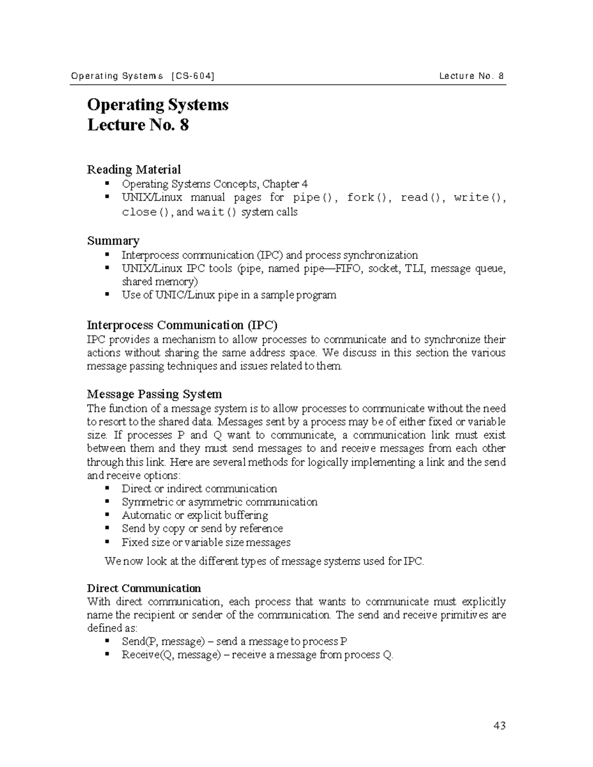 Operating Systems Lecture 8: Interprocess Communication & Pipes - Studocu