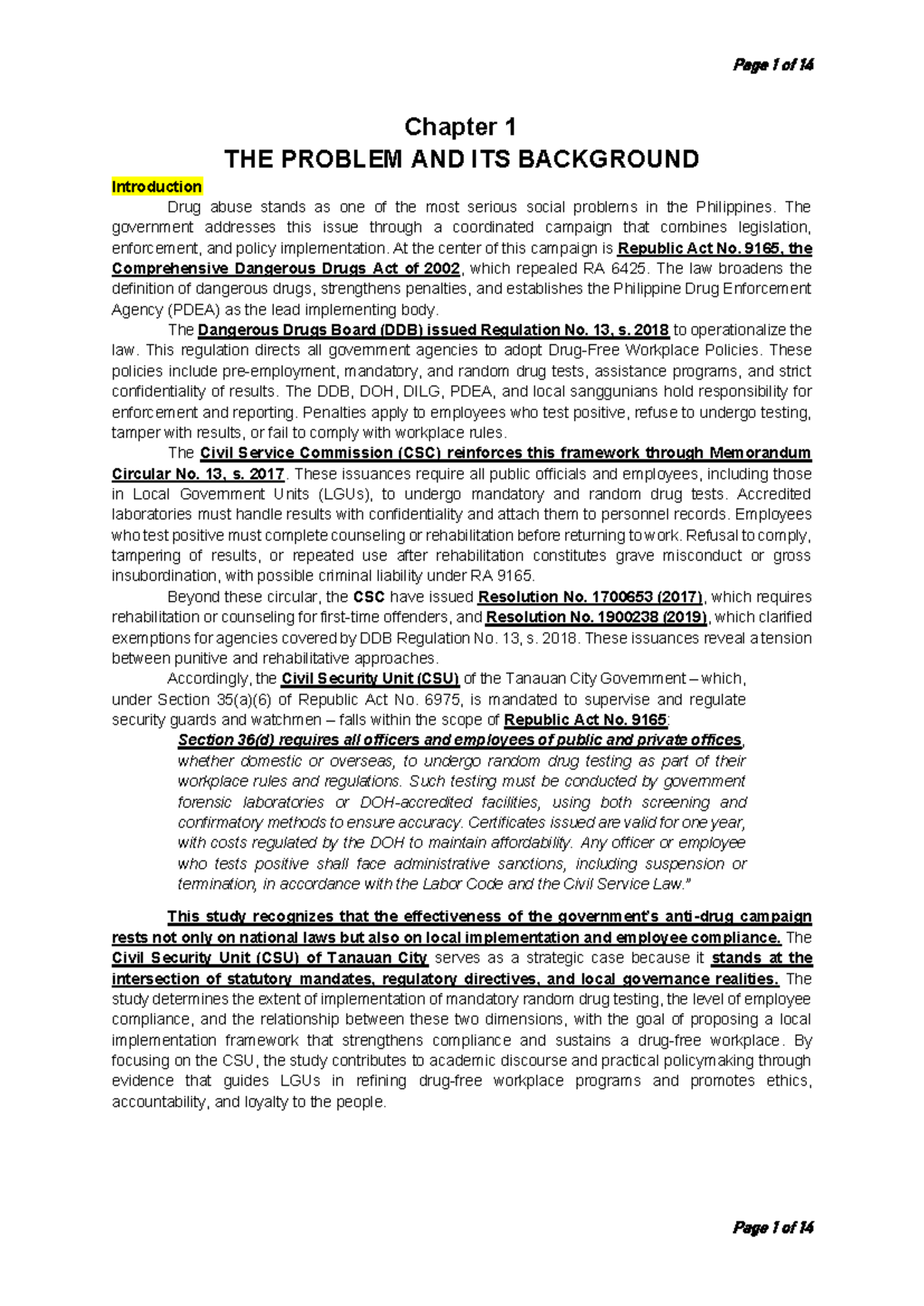 CSU Drug Testing Compliance: Framework for RA 9165 Implementation - Studocu