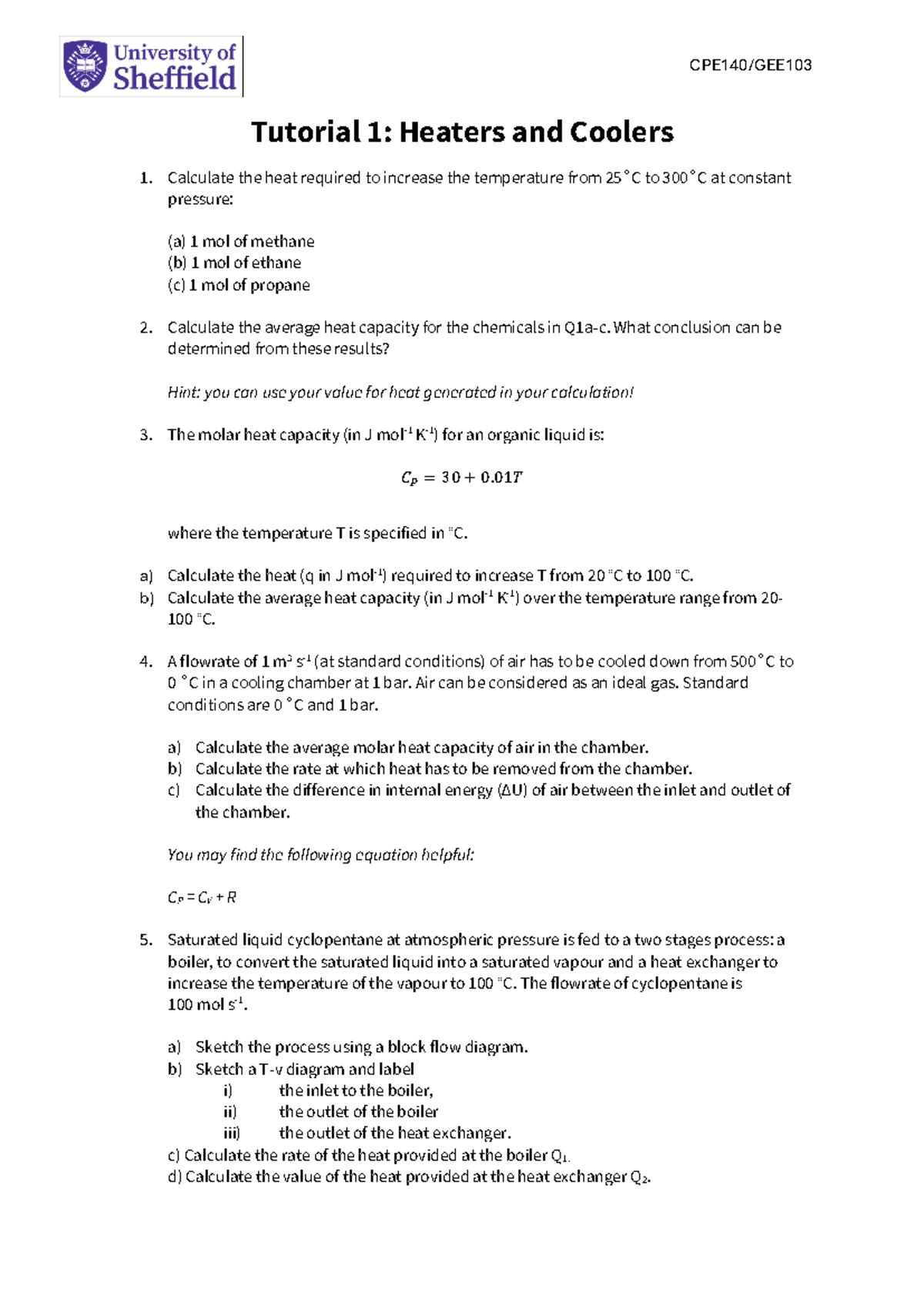 Tutorial 1: Heaters & Coolers - Heat Calculations & Analysis - Studocu