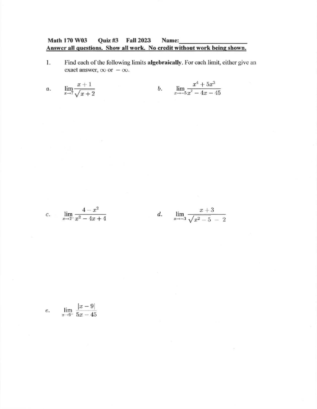 170 W03 Quiz 3 Fall 2023 - Limit and Continuity Problems - Studocu