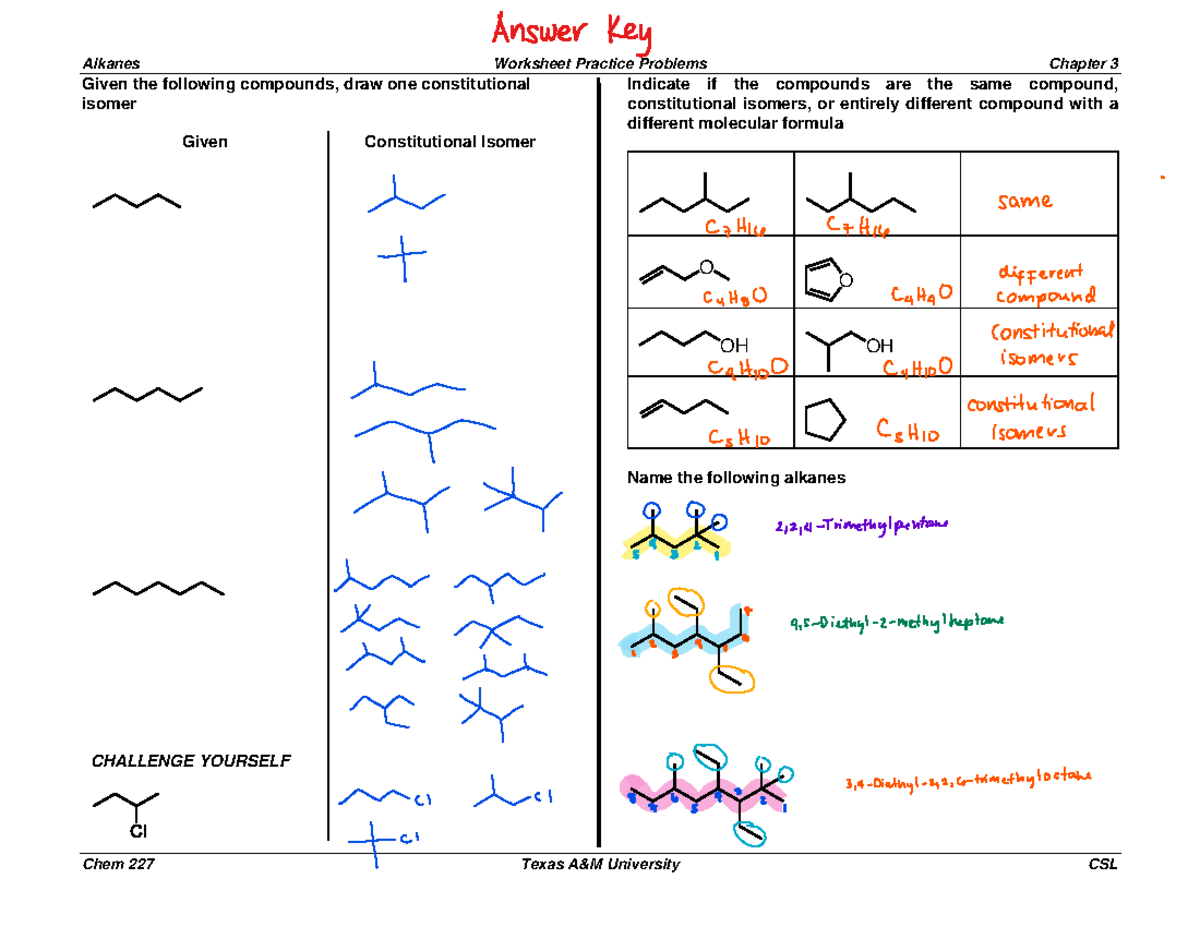Chem 227: Alkanes Worksheet & Isomer Practice Problems - Studocu