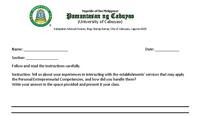 Topic 2 PEC Assignment Entrep - Republic of the Philippines Pamantasan ng Cabuyao (University of ...