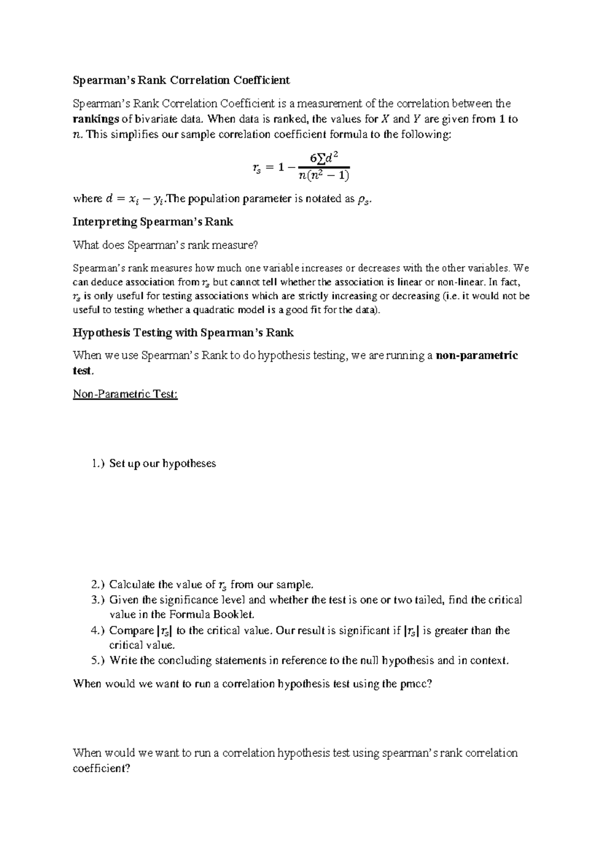 Spearman's Rank Correlation Coefficient Study Notes - Studocu