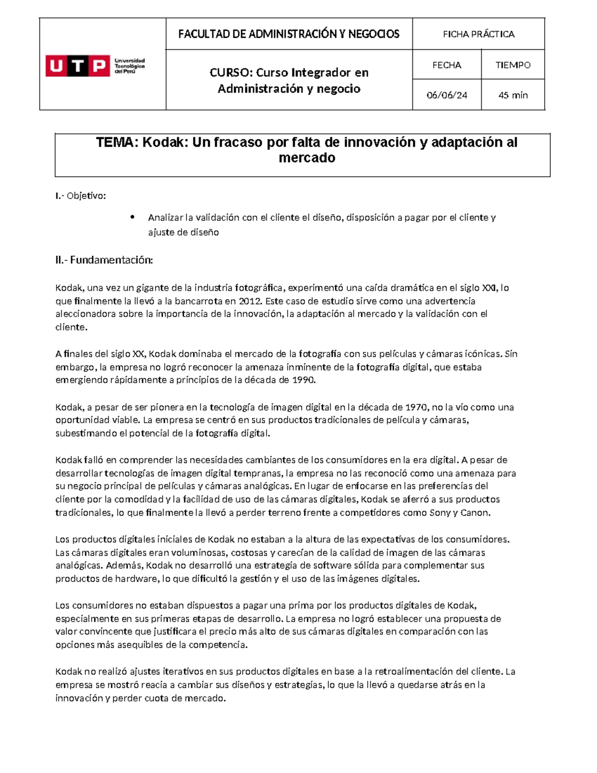 S11 s2-Ficha práctica - TEMA: Kodak: Un fracaso por falta de innovación y adaptación al mercado ...