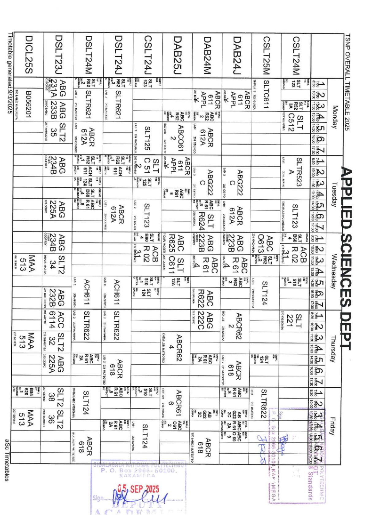 TSNP Overall Timetable 2025 - Applied Sciences Dept - Studocu