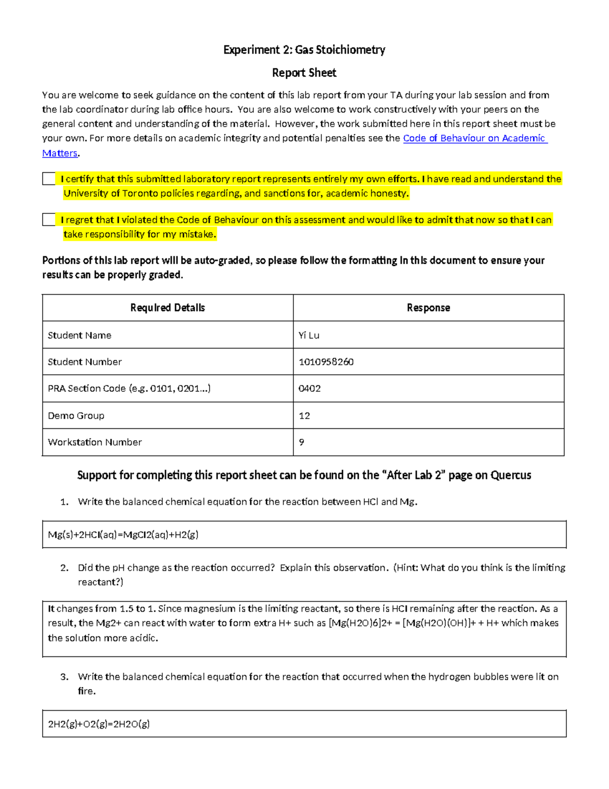 CHM135 Lab 2: Gas Stoichiometry Experiment Report Sheet - Studocu
