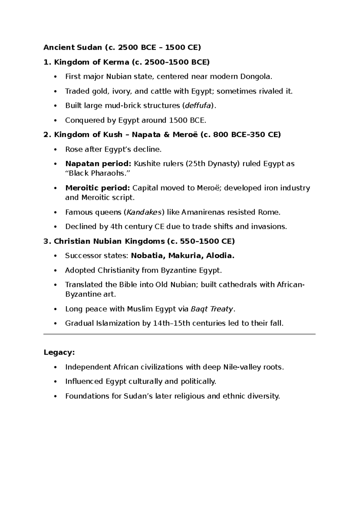 Ancient Sudan: Historical Overview and Key Civilizations Notes - Studocu