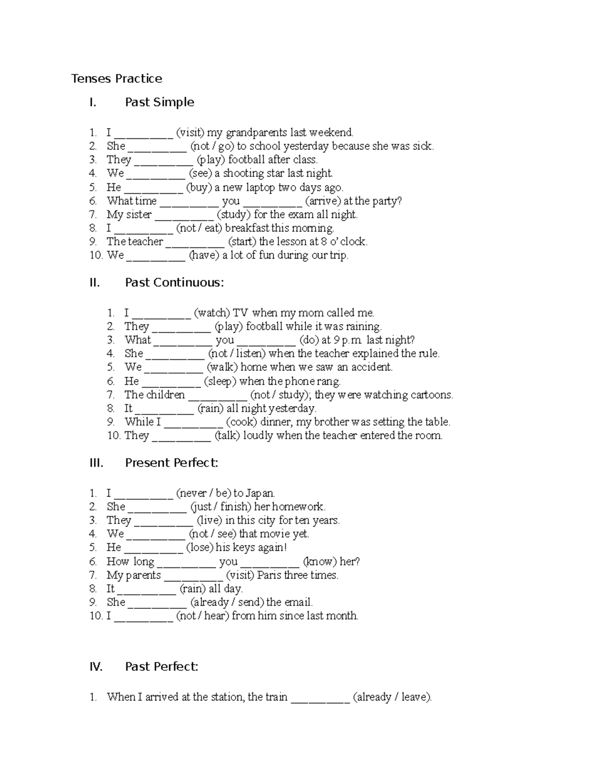 Tenses Practice: Past, Present, and Future Forms - Studocu