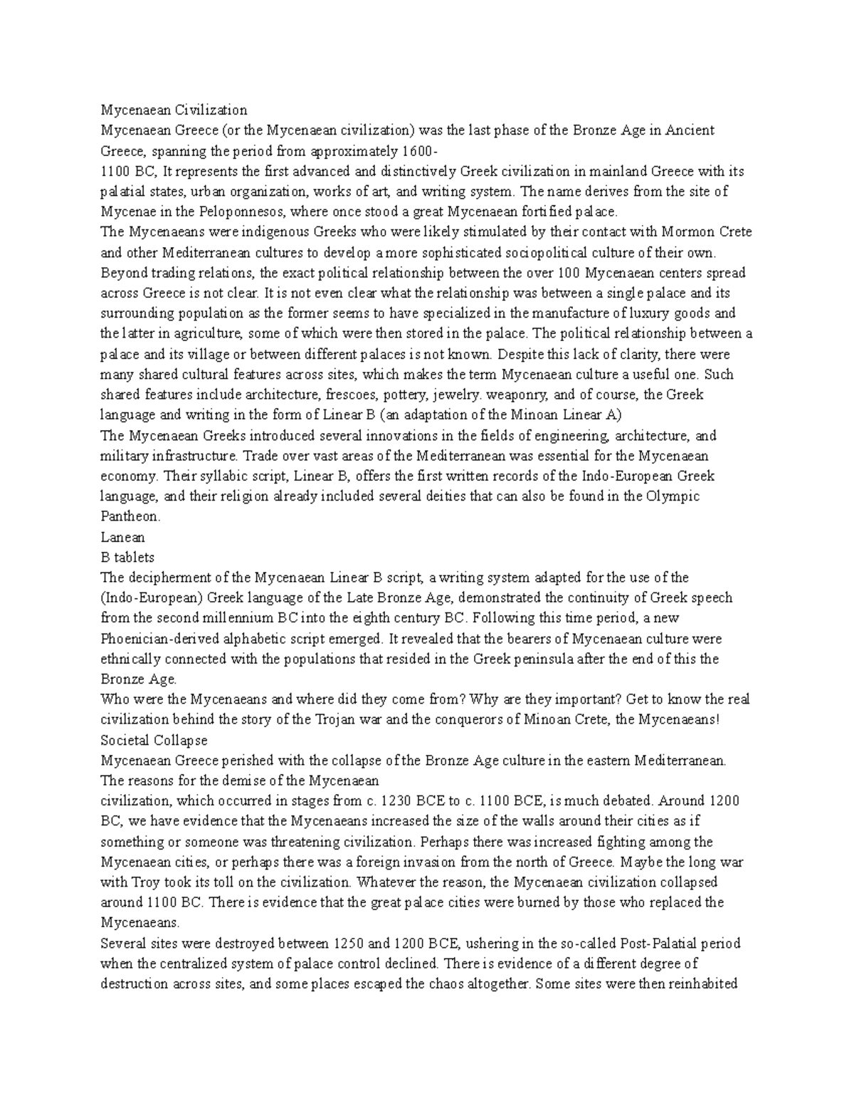 Mycenaean Civilization and the Greek Dark Ages Transition - Studocu